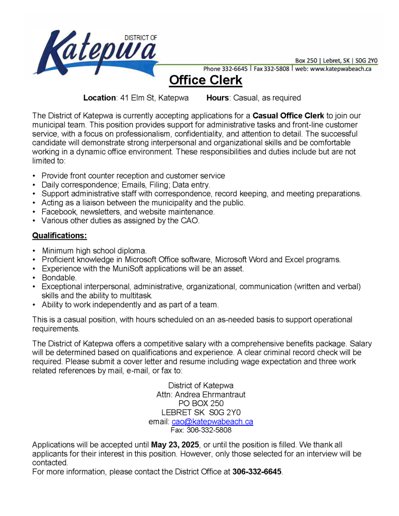 Casual Office Clerk Position – Katepwa Beach, Saskatchewan